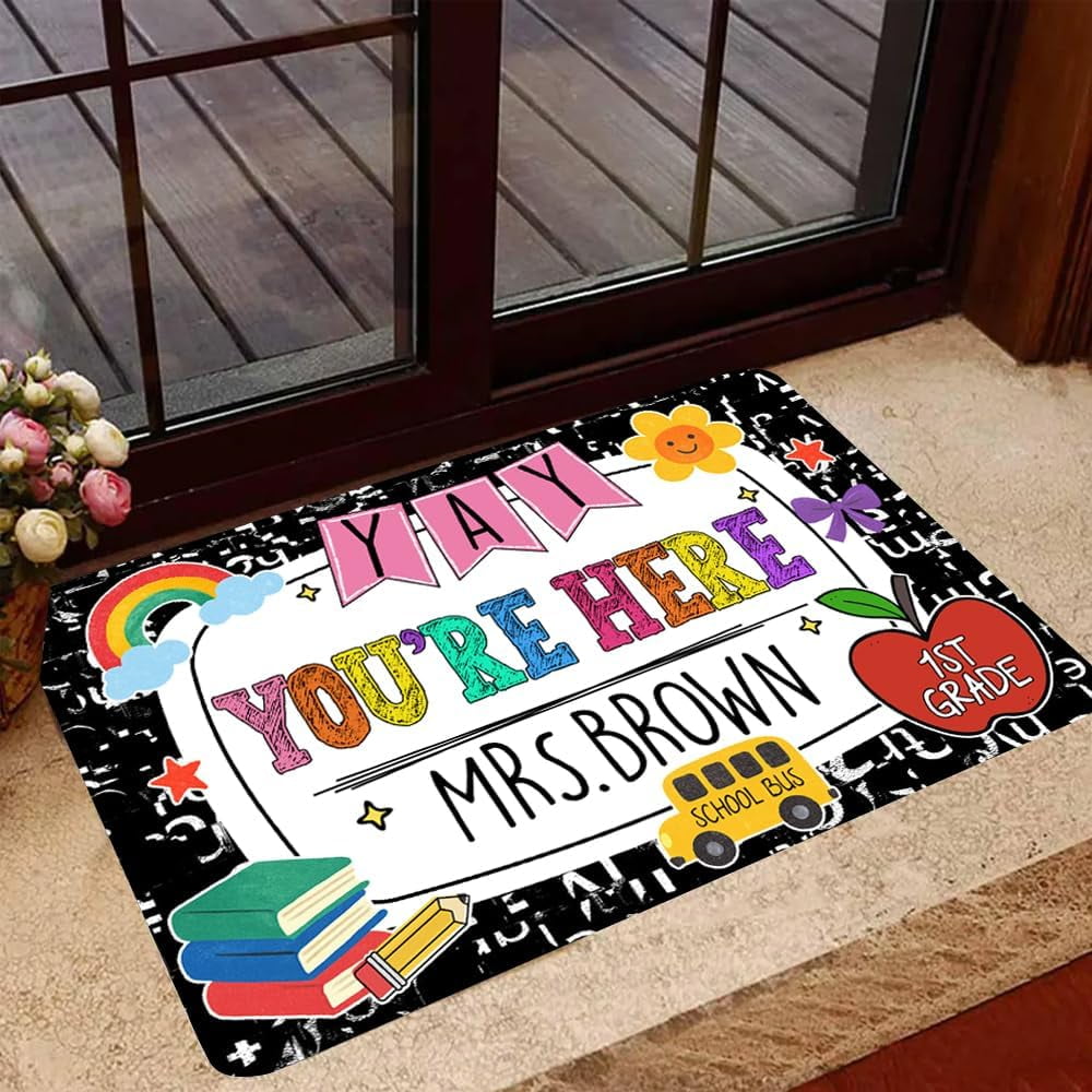Custom Classroom Doormat for Teacher with School Bus, Books, Pencil and ...