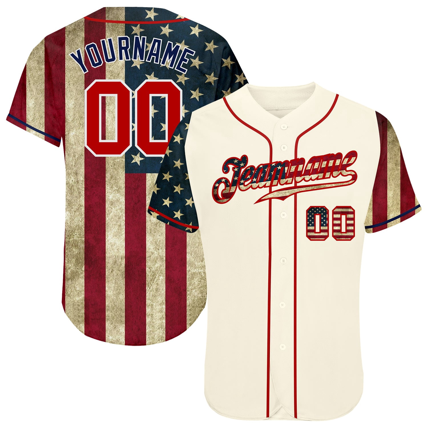 Custom Cream Red-Navy 3D American Flag Authentic Baseball Jersey - Hot ...