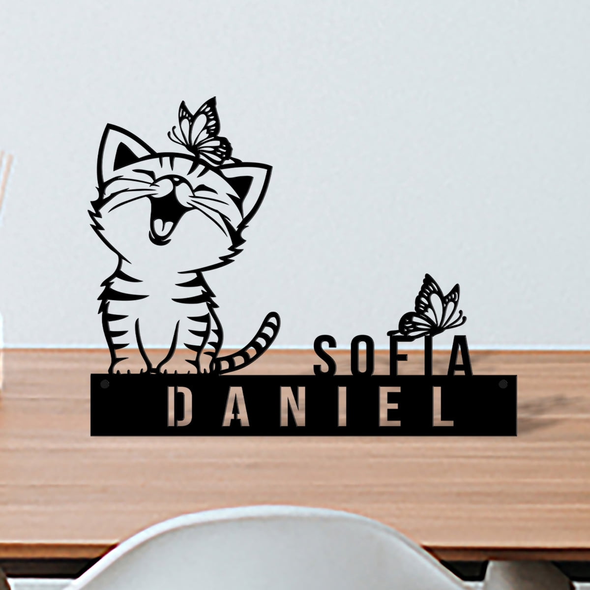 Custom Cute Cat With Butterfly Desk Name Plate Wedge Personalized Funny ...