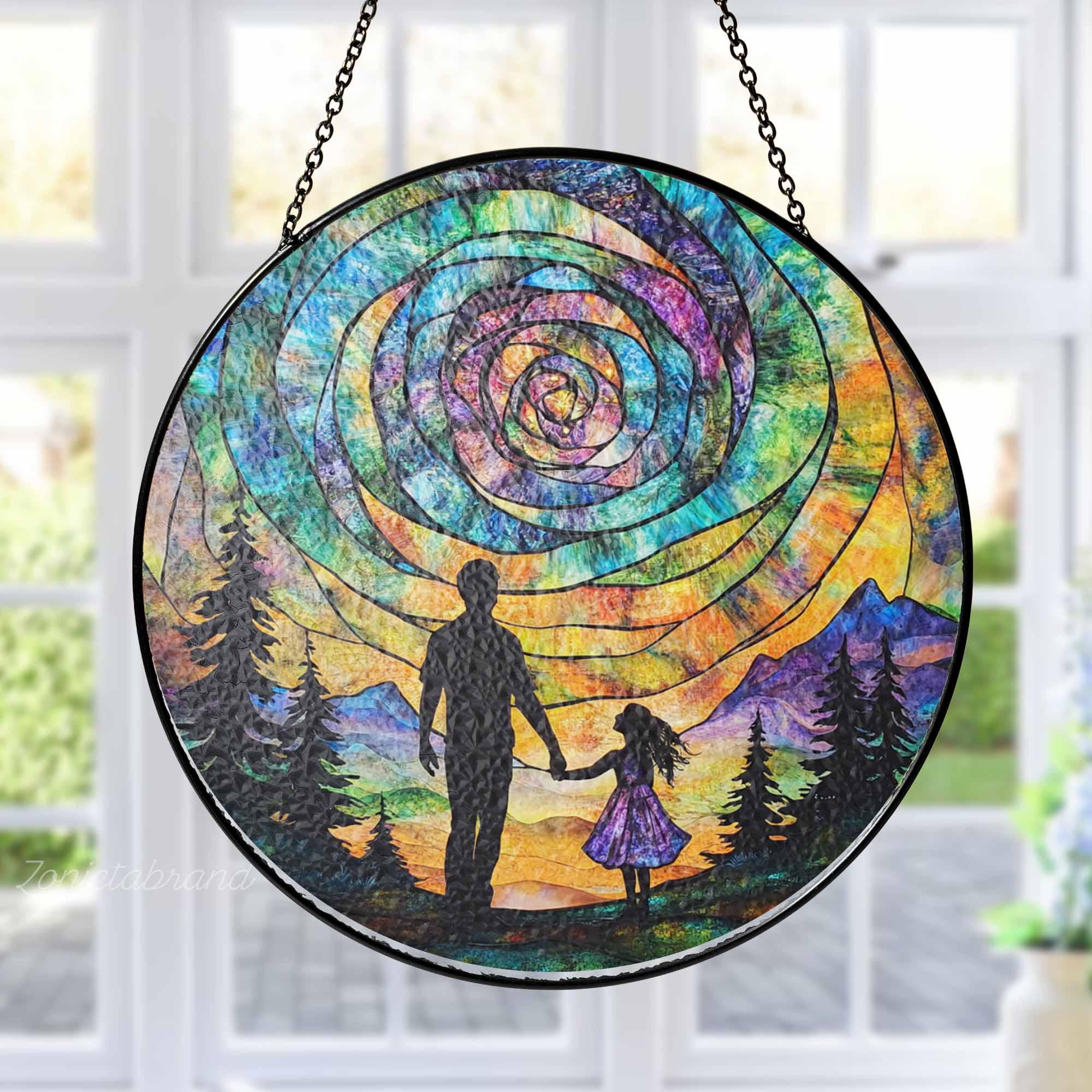 Custom Dad & Child Aurora Stained Glass, Happy Fatherâ€™s Aurora Window ...
