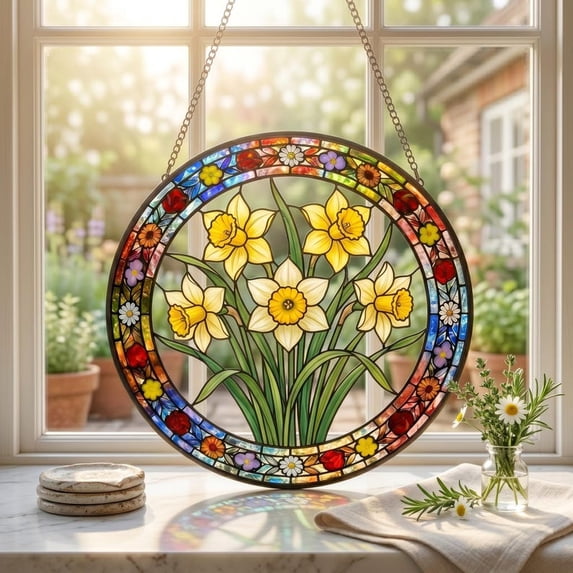 Custom Daffodil Stained Glass Suncatcher, Floral Window Hanging, Round ...