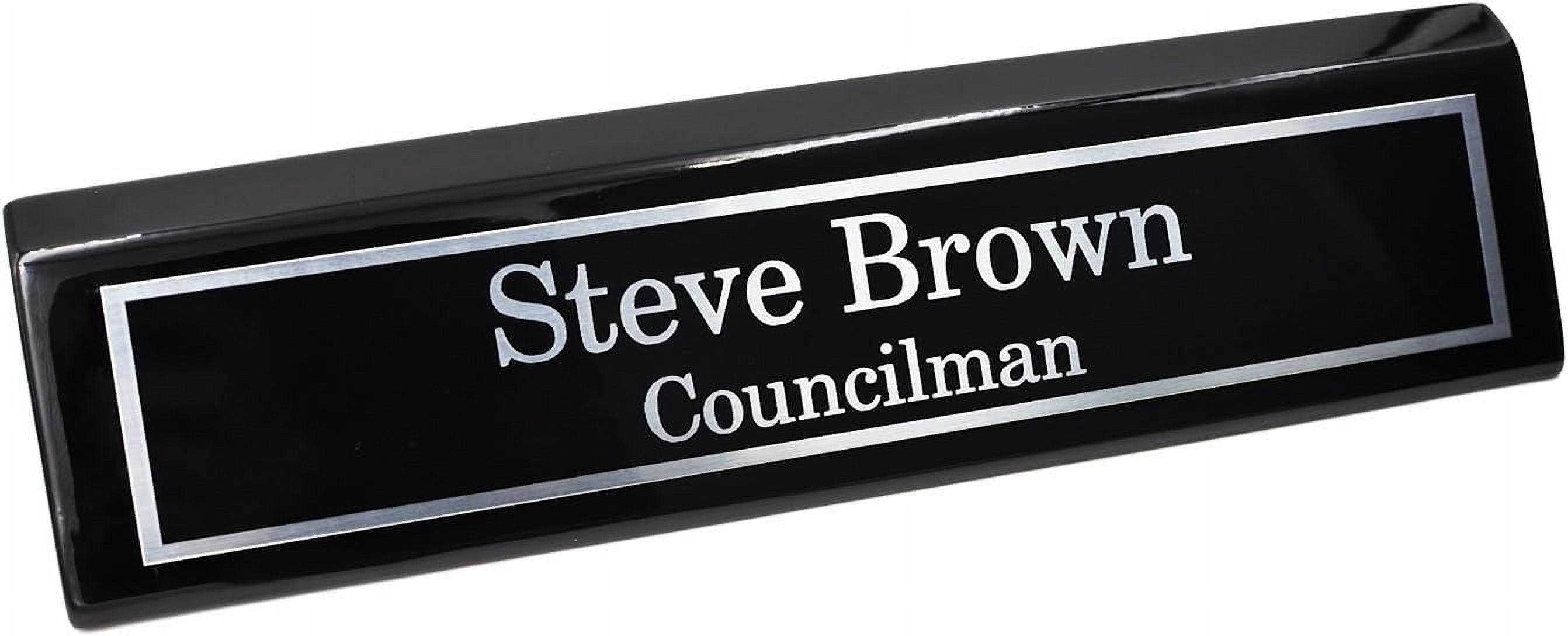 Custom Desk Name Plate | Silver Aluminum Plate on Black Wedge with ...