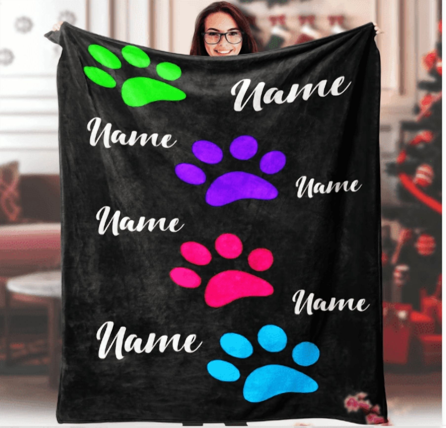 Custom Dog Paw Print Fleece Blanket - Personalized Name Throw, Soft ...
