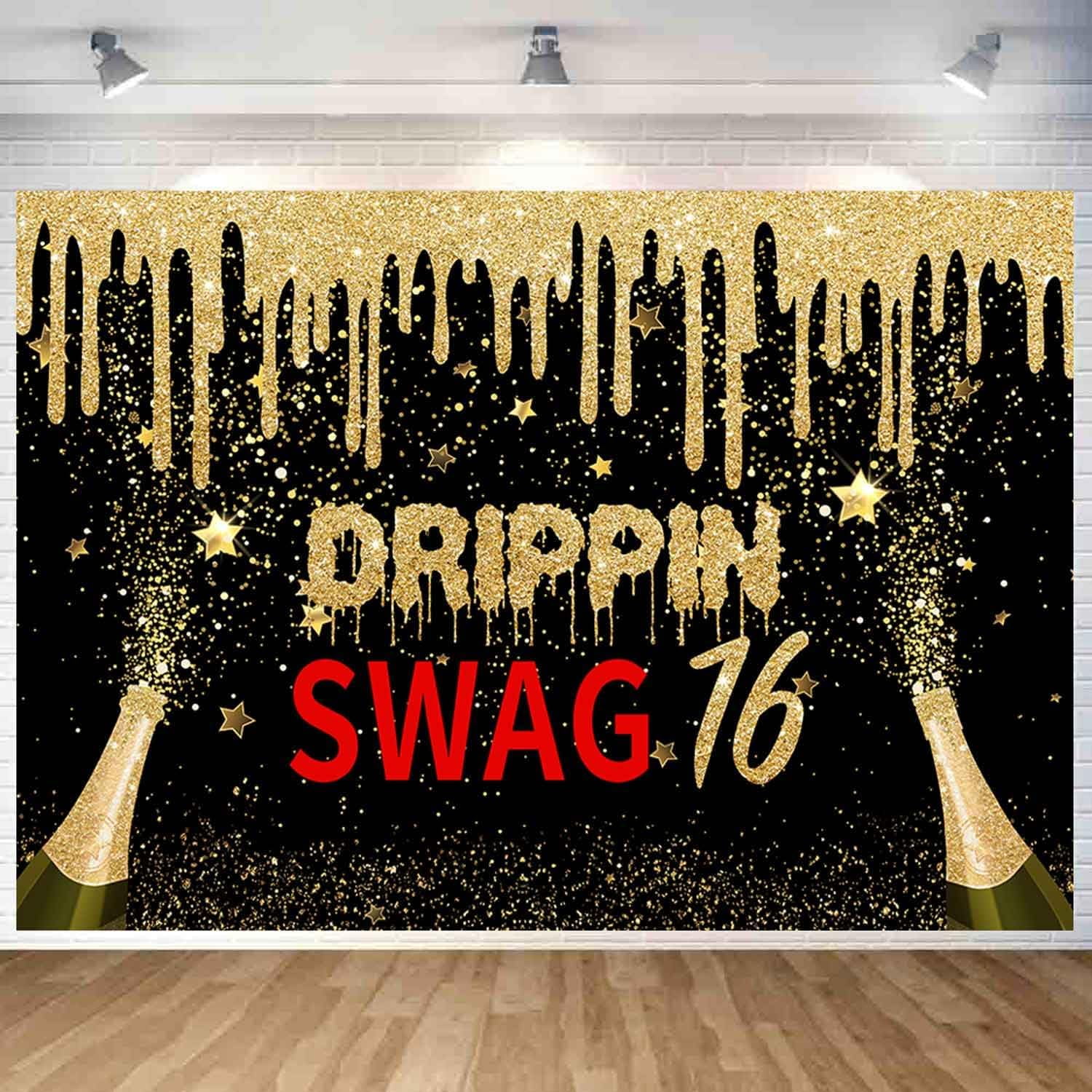 Custom Drippin Swag 16 Birthday Backdrop Boys Black Gold Hip Hop Happy ...