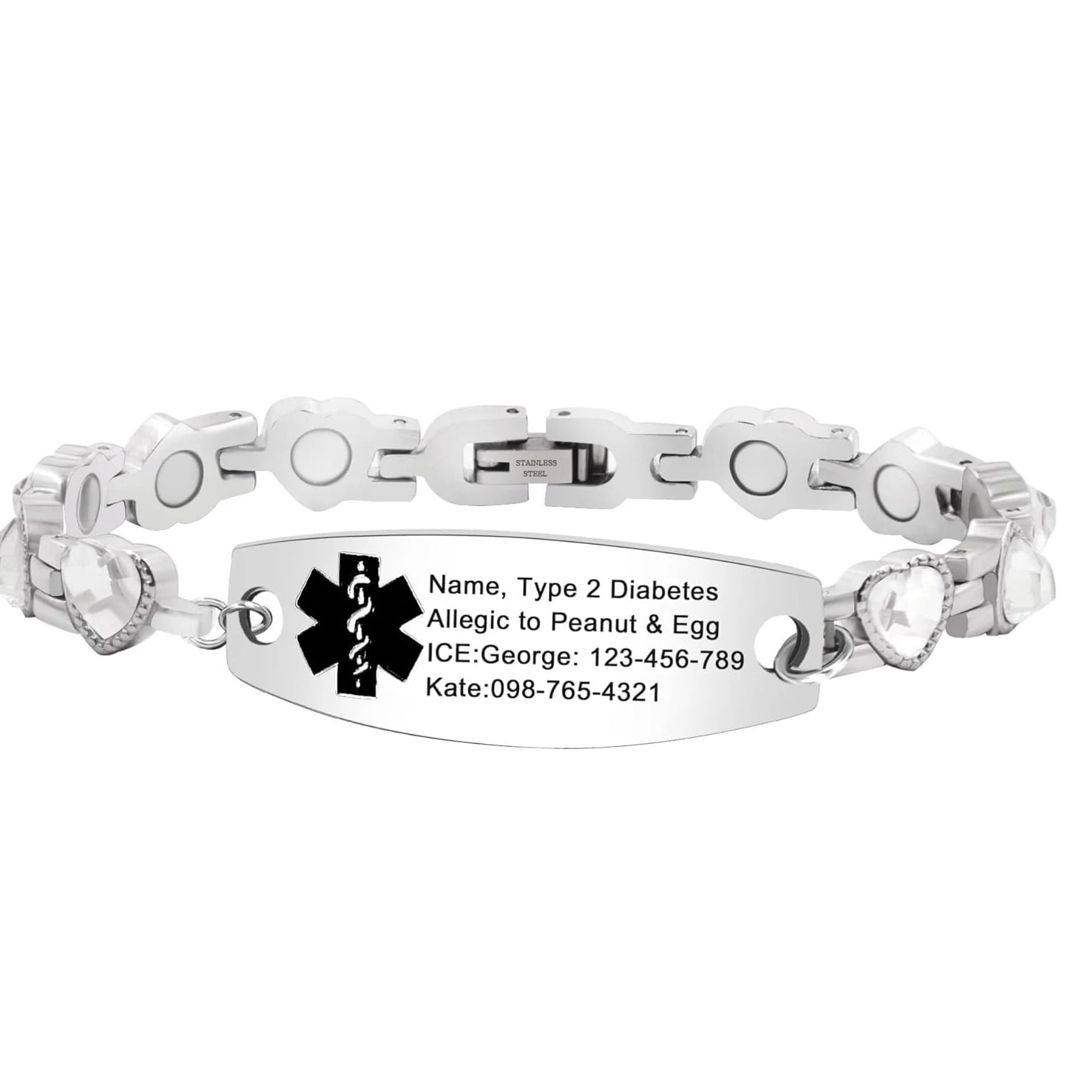 Custom Engraved Medical ID Bracelet | Stainless Steel Adjustable Heart ...