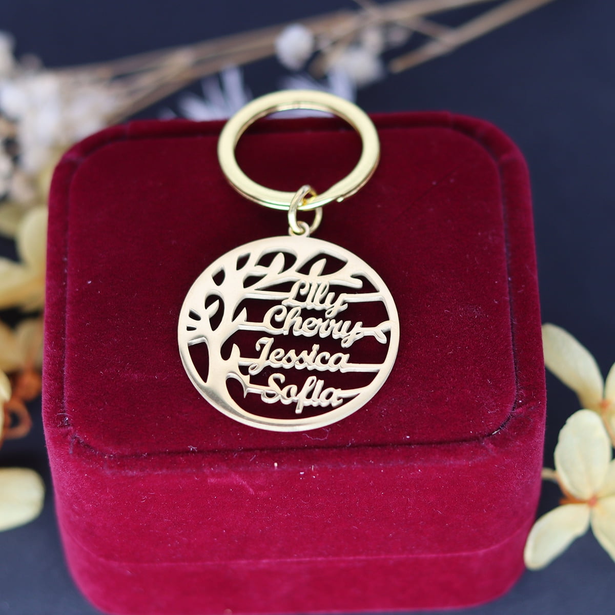 Custom Family Member 1-4 Names Keyring Customized Tree Keychain ...