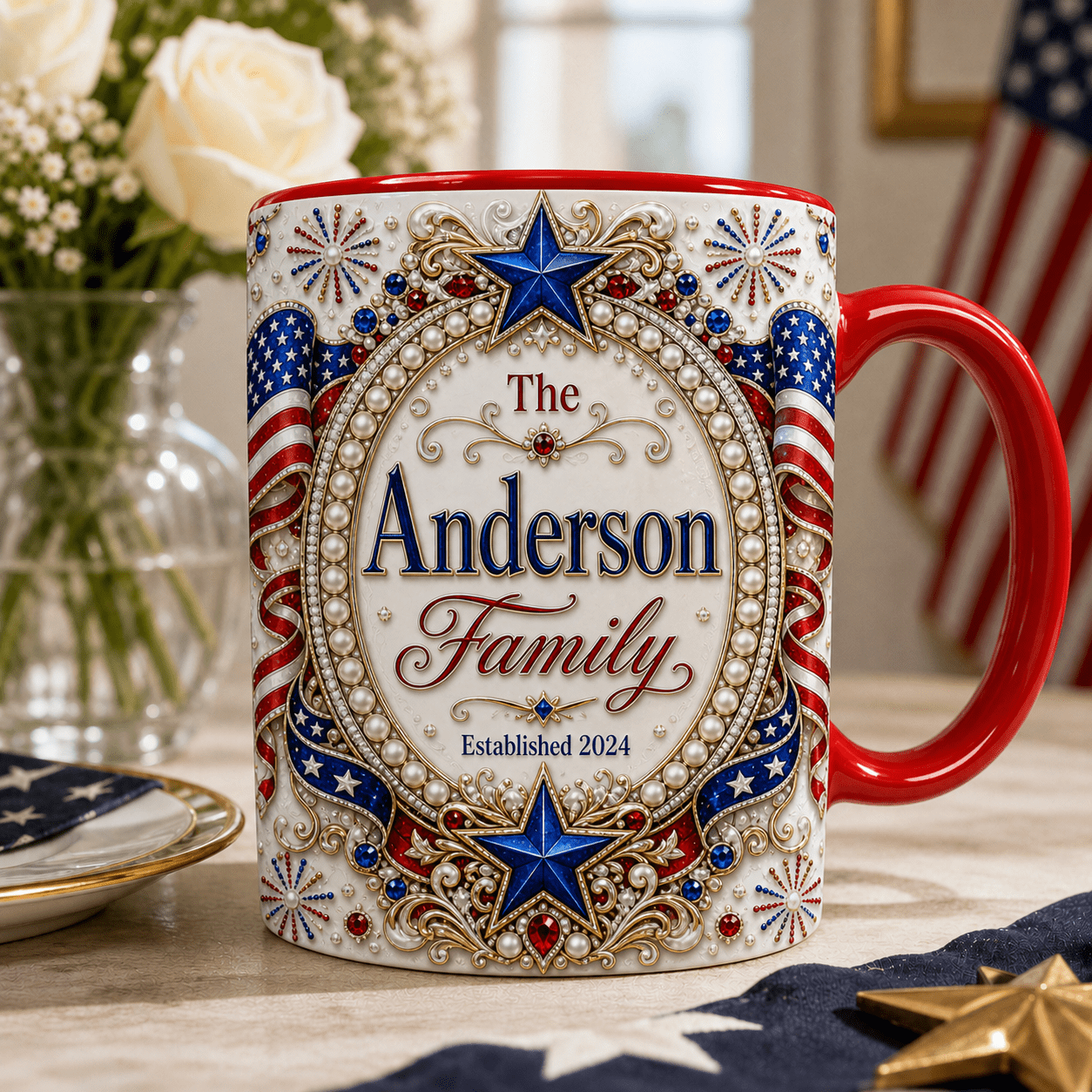 Custom Family Name 3D Effect Mug, Personalized Red White Blue Patriotic ...