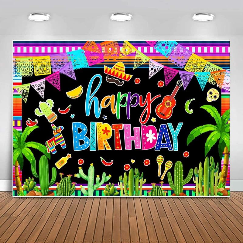 Custom Fiesta Theme Happy Birthday Backdrop Mexico Flag Cactus Birthday ...