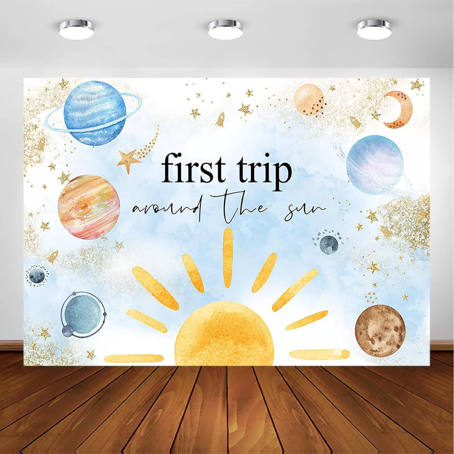 Custom First Trip Backdrop Outer Space Watercolor Planets 1st Birthday ...