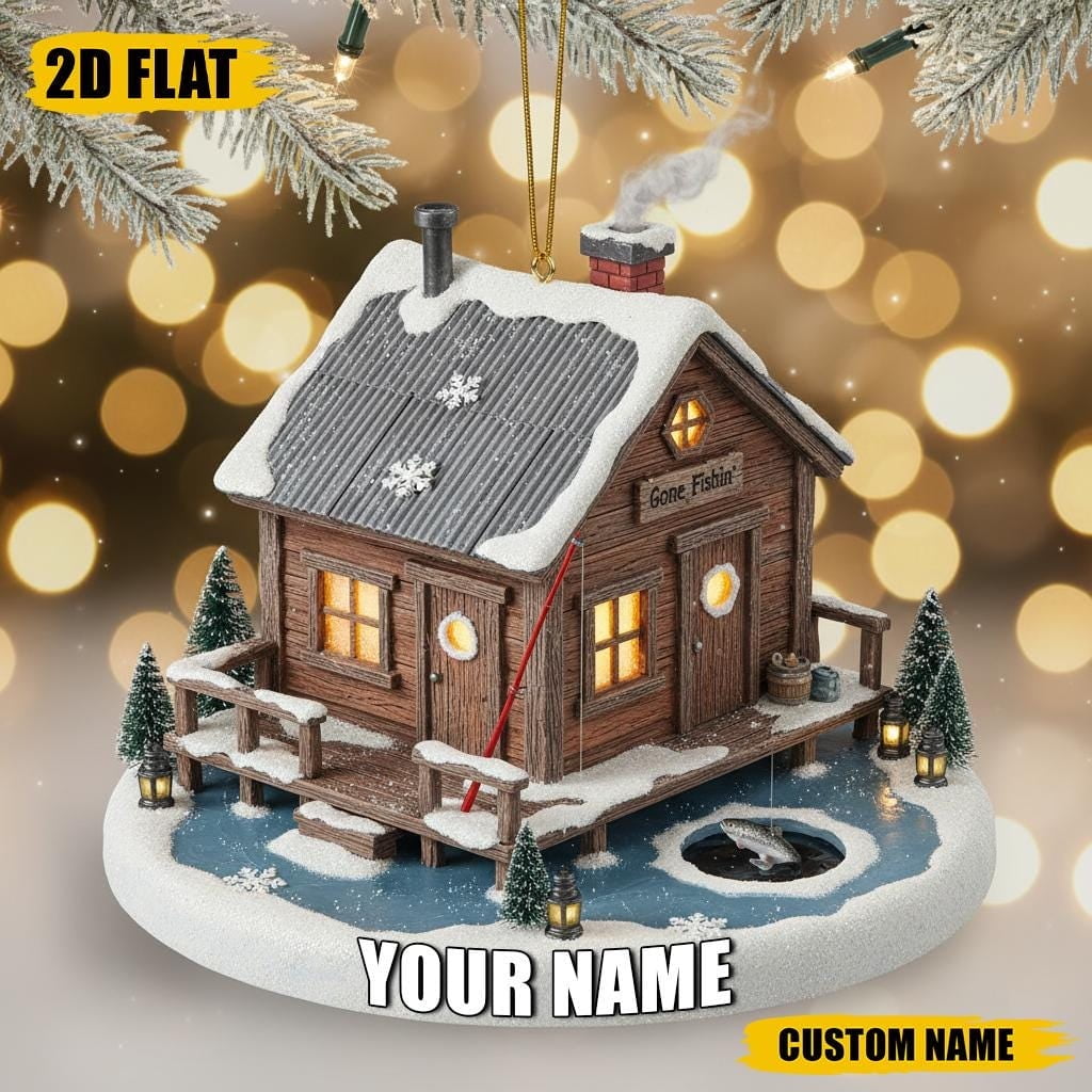 Custom Fishing Cabin Ornament - 2D Flat Winter Lodge Decor with Ice ...