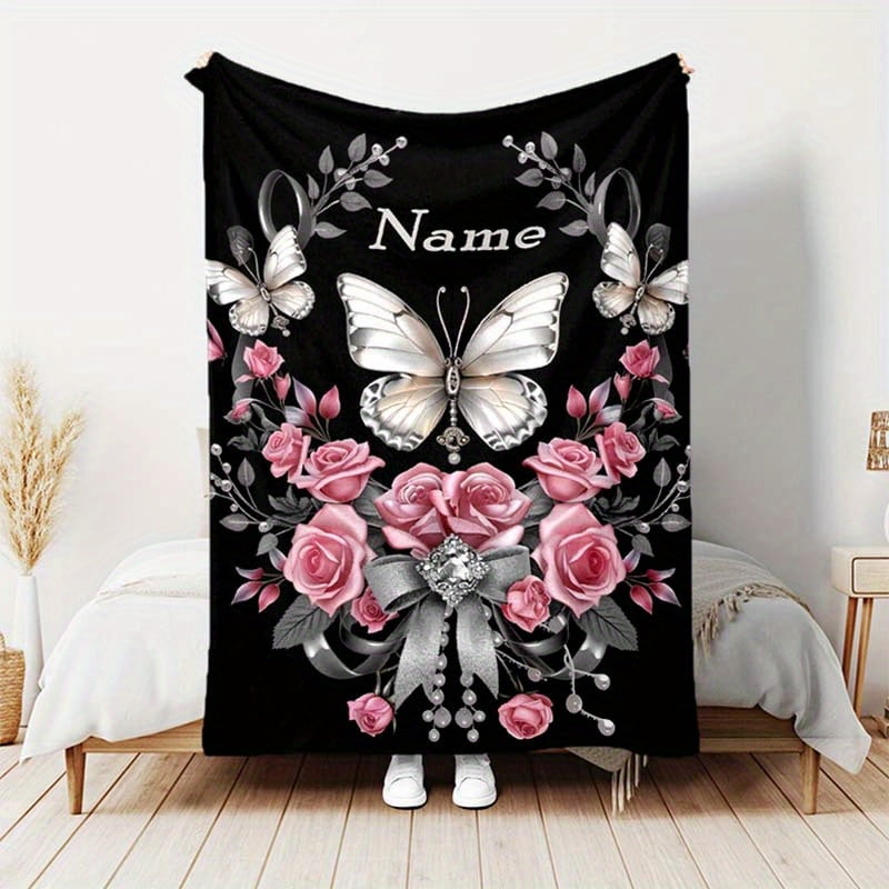 Custom Flannel Throw Blanket with Name - Pink Roses & Butterflies, Soft ...