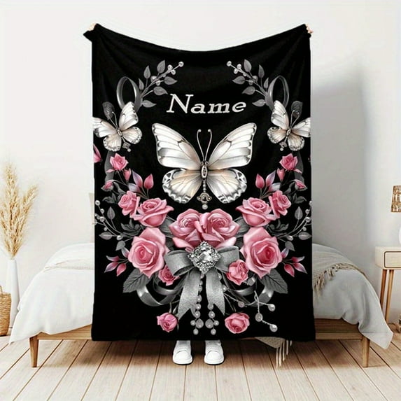 Custom Flannel Throw Blanket with Name - Pink Roses & Butterflies, Soft ...