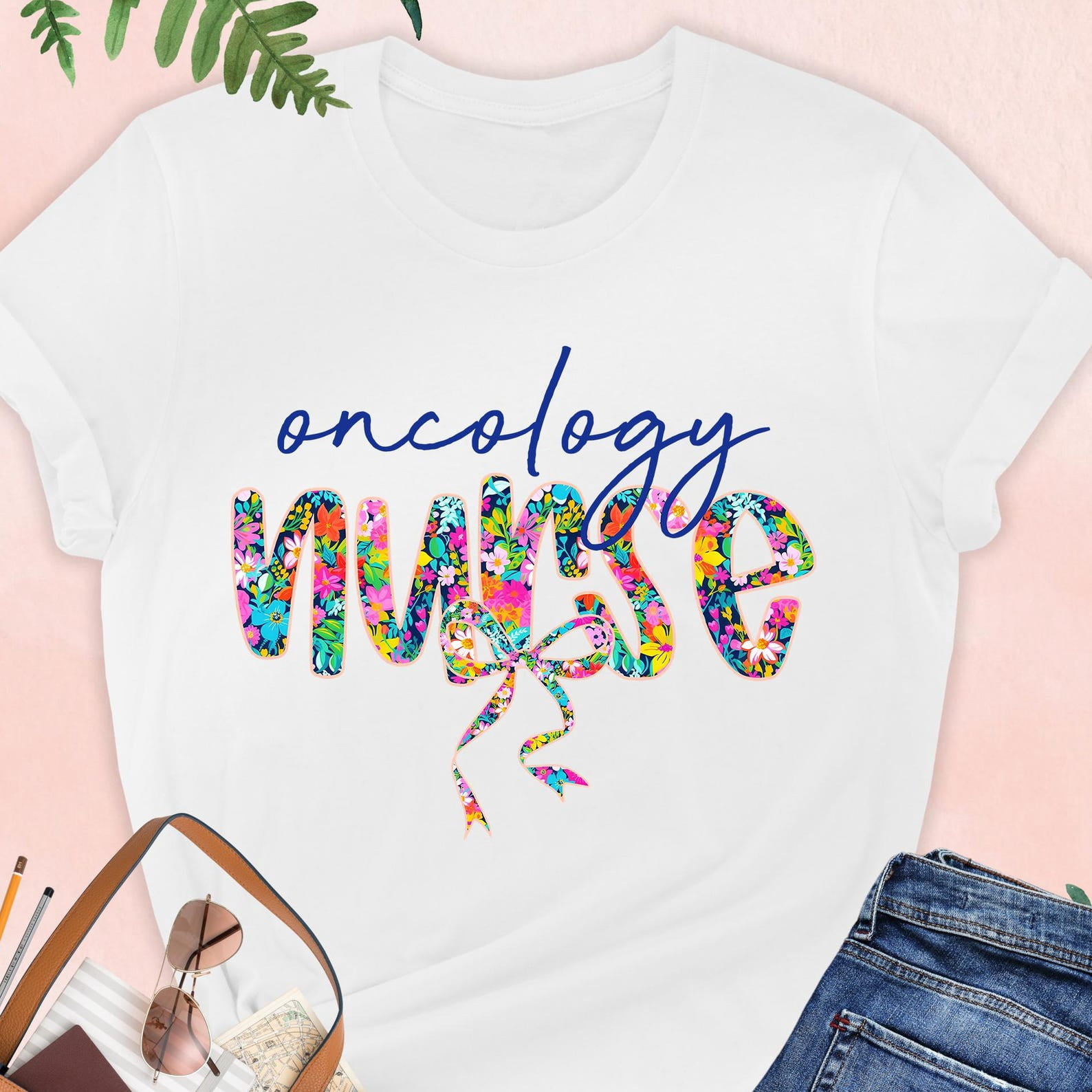 Custom Floral Nurse T-Shirt with Bow Design, Oncology Gift for Nurse ...