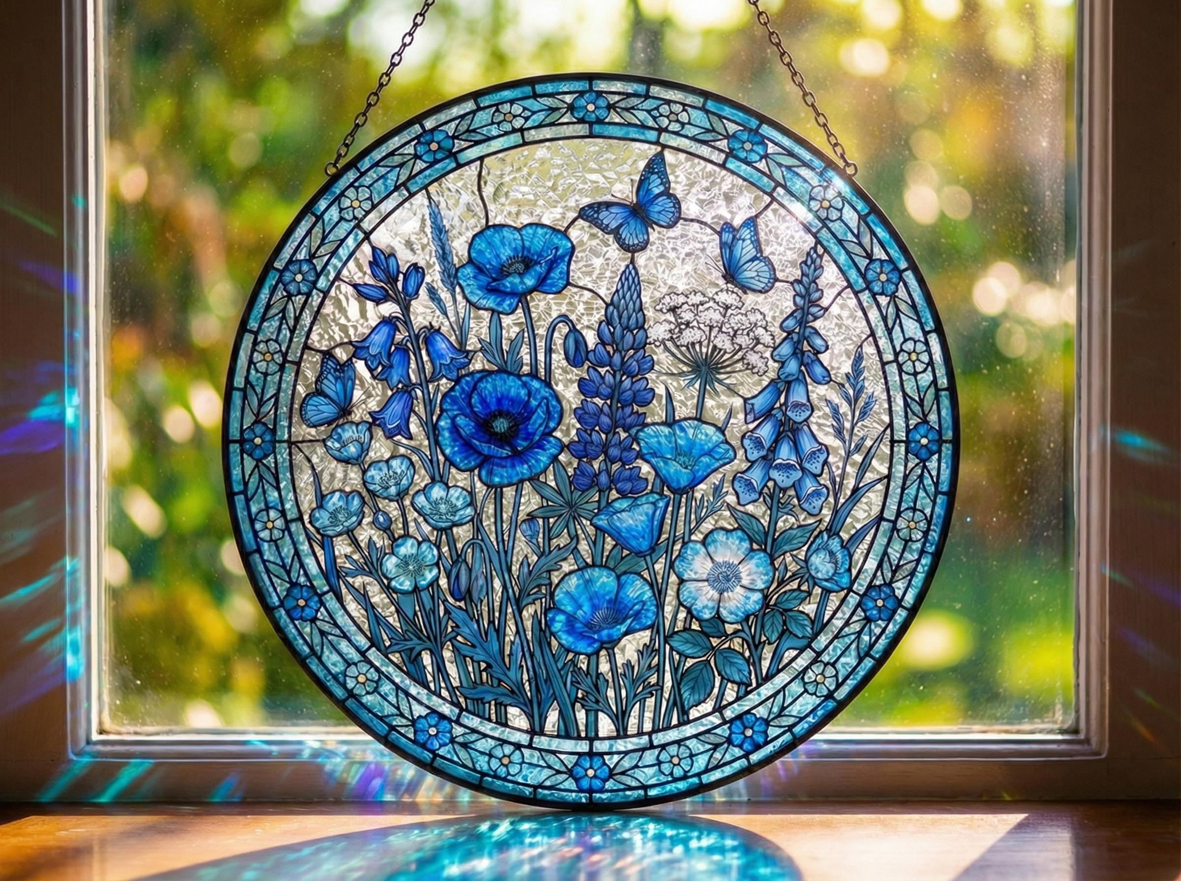 Custom Flower Stained Glass Suncatcher Blue Floral Window Decor Spring ...