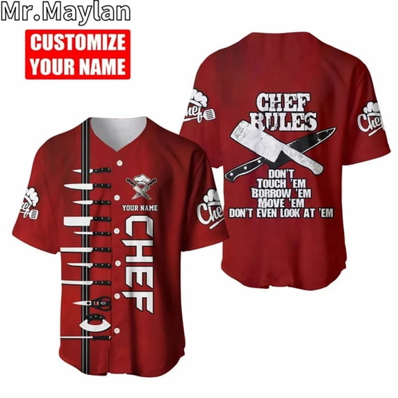 Custom Gift For Chef Knife Baseball Jersey Red Shirt 3D Master Chef ...