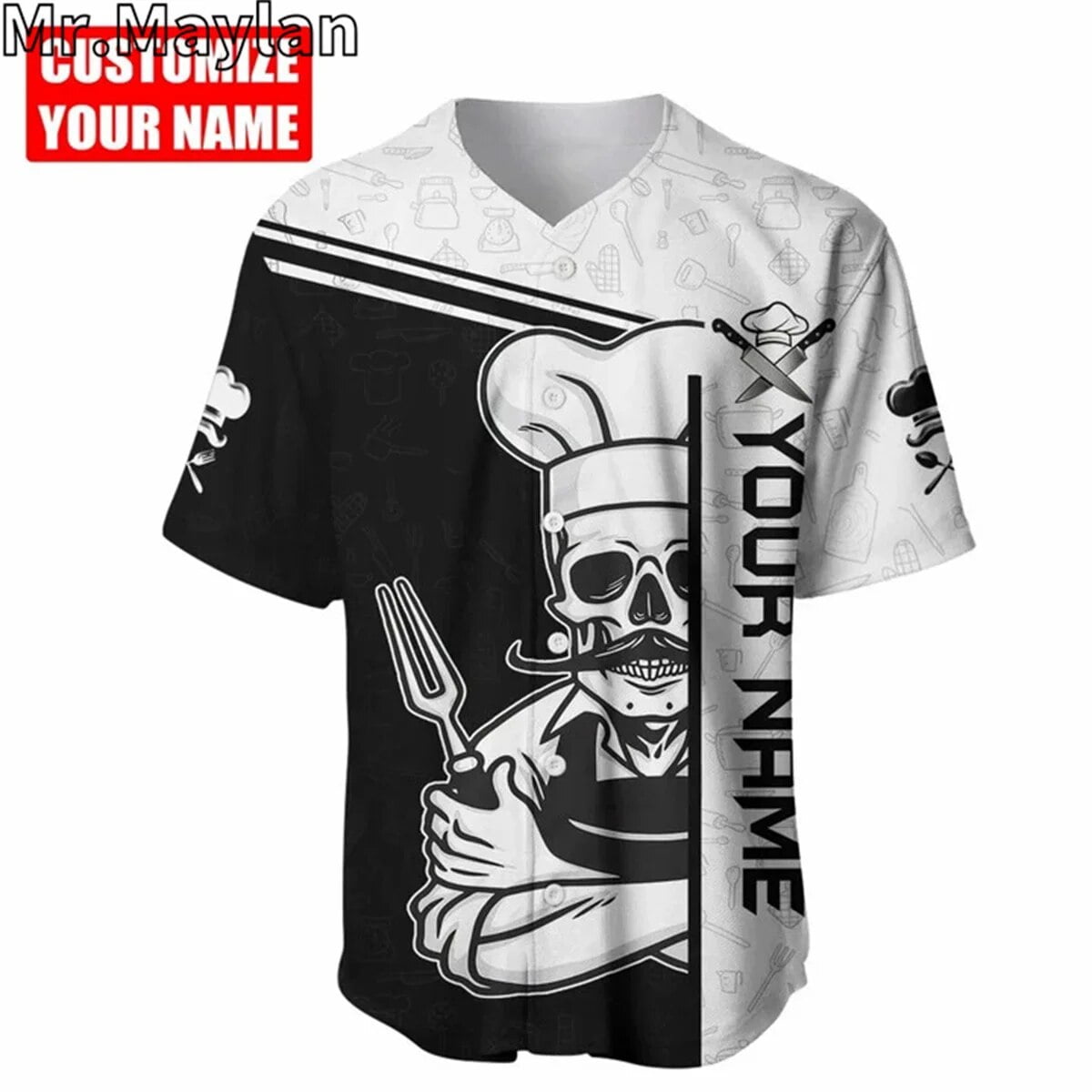 Custom Gift For Chef Skull Baseball Jersey Black White Shirt 3D Master ...
