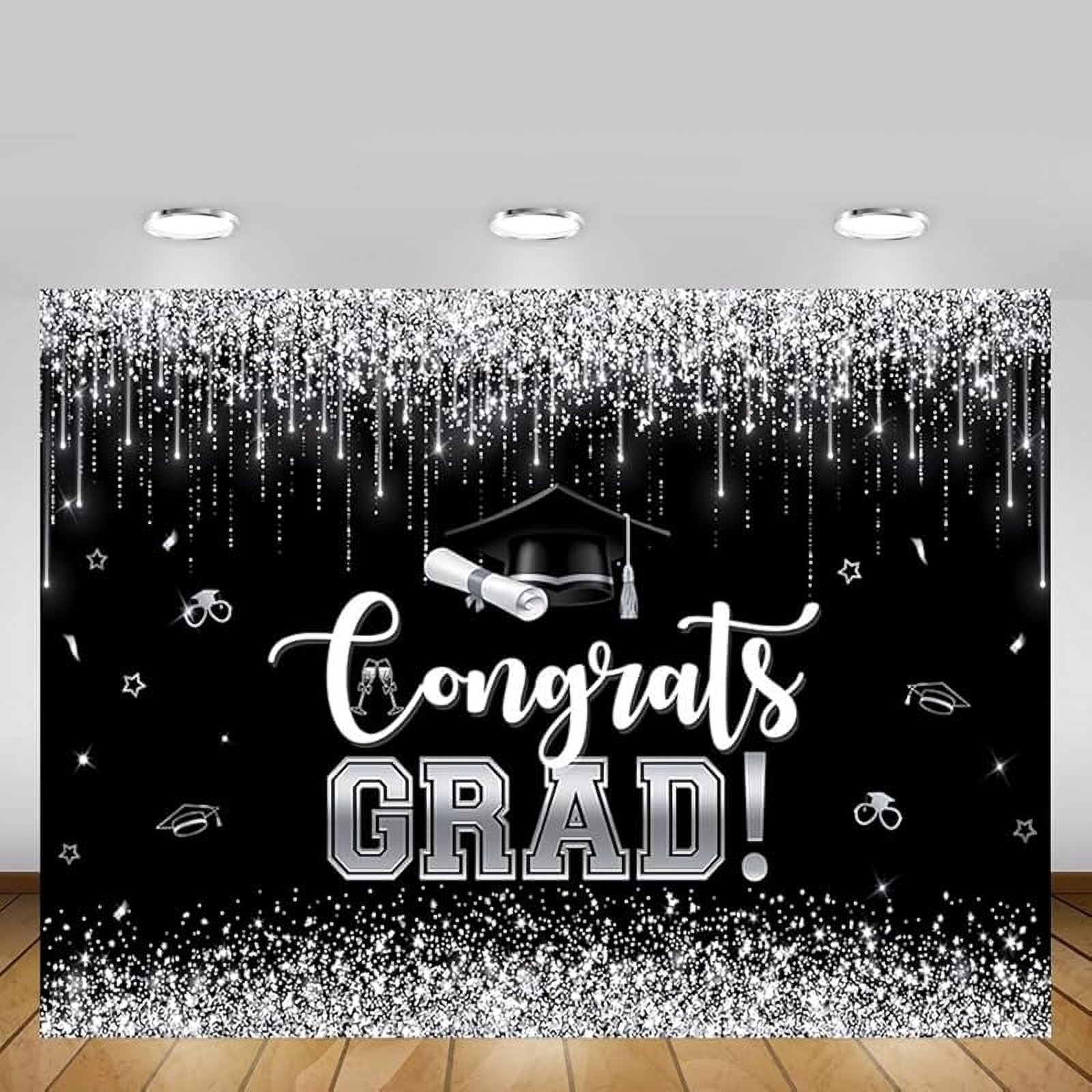 Custom Glitter Congrats Grad 2024 Backdrop Black and Silver Graduation ...
