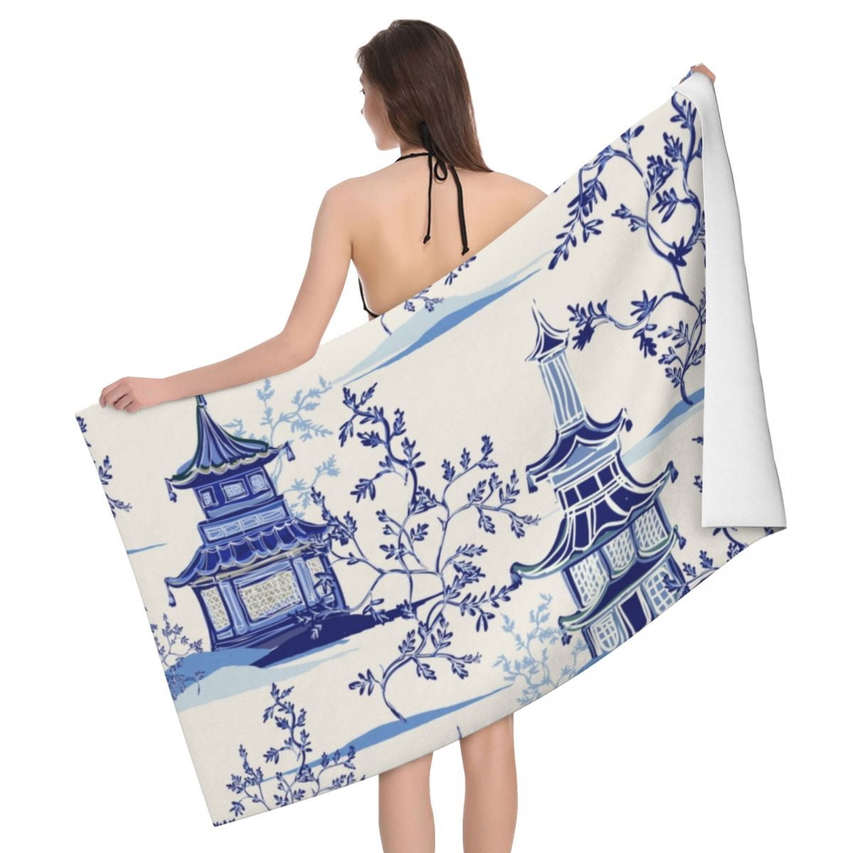 Custom Golden Pagoda Chinoiserie Bath Beach Towel Microfiber Vintage ...