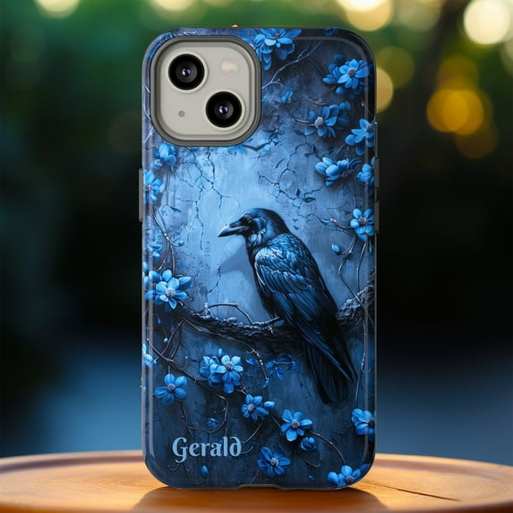 Custom Gothic Raven Blue Floral Art iPhone Case 17 16 15 14 13 12 11 ...