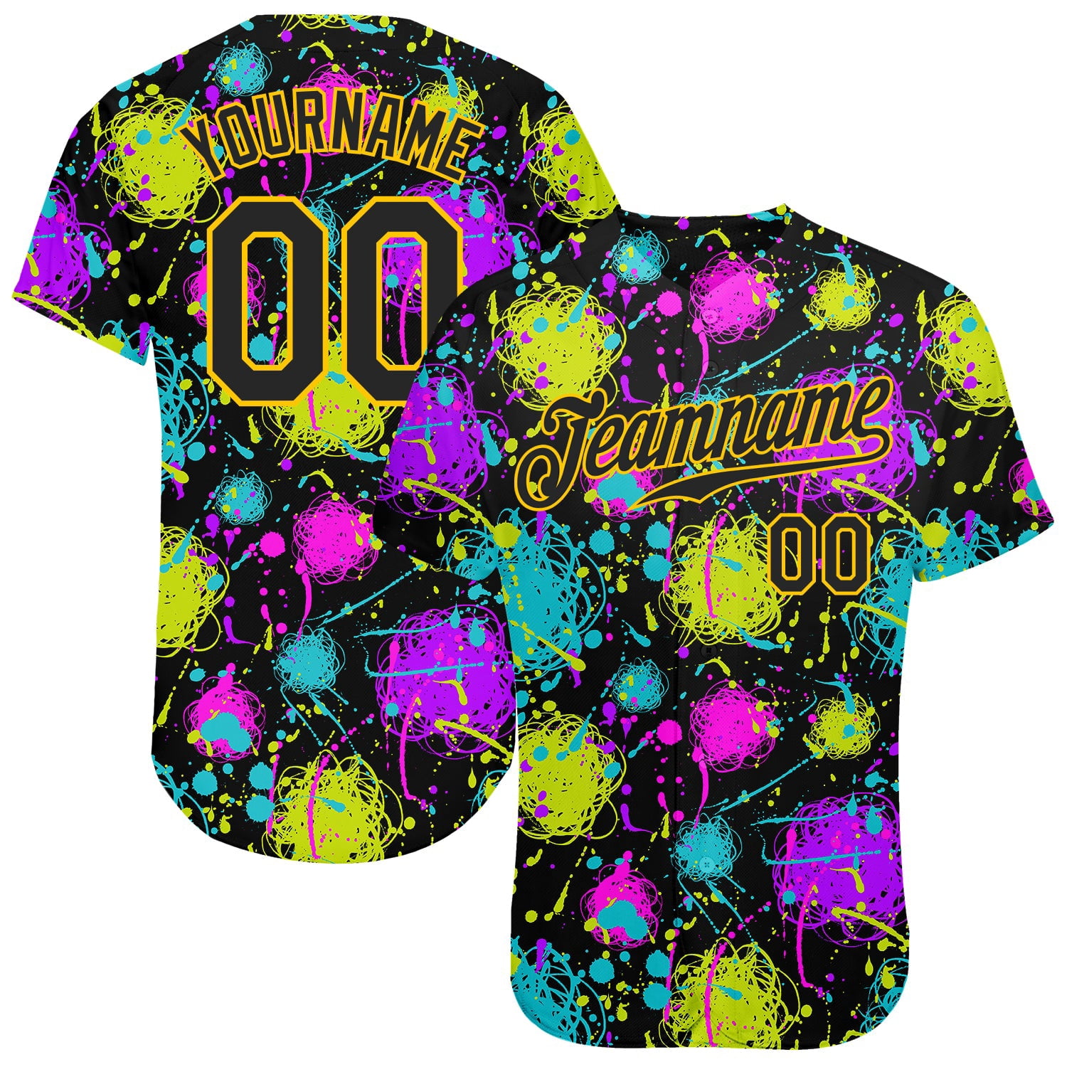 Custom Graffiti Pattern Black-Gold 3D Neon Splatter Authentic Baseball ...