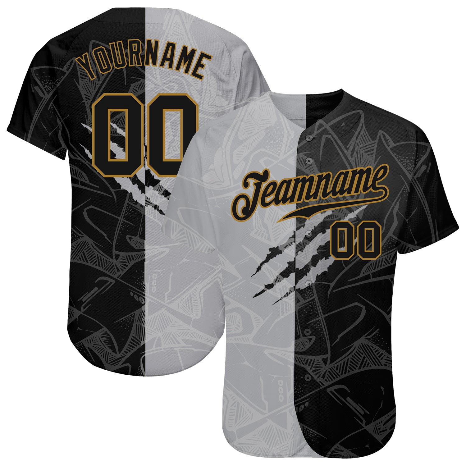 Custom Graffiti Pattern Black-Old Gold 3D Authentic Baseball Jersey ...