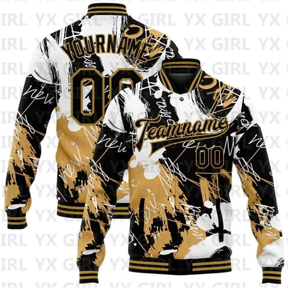 Custom Graffiti Pattern Black-Old Gold Grunge Art 3D Bomber Full-Snap ...