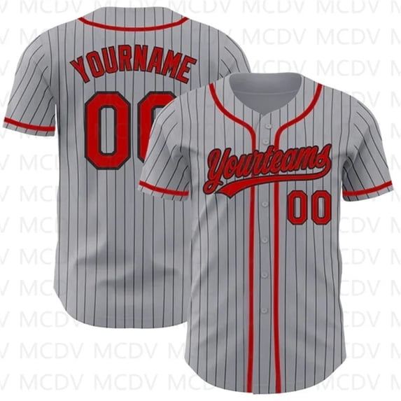 Custom Gray Black Pinstripe Red Authentic Baseball Jersey 3D Printed ...