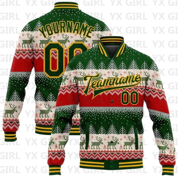 Custom Green Gold Christmas Reindeers 3D Bomber Full-Snap Varsity ...