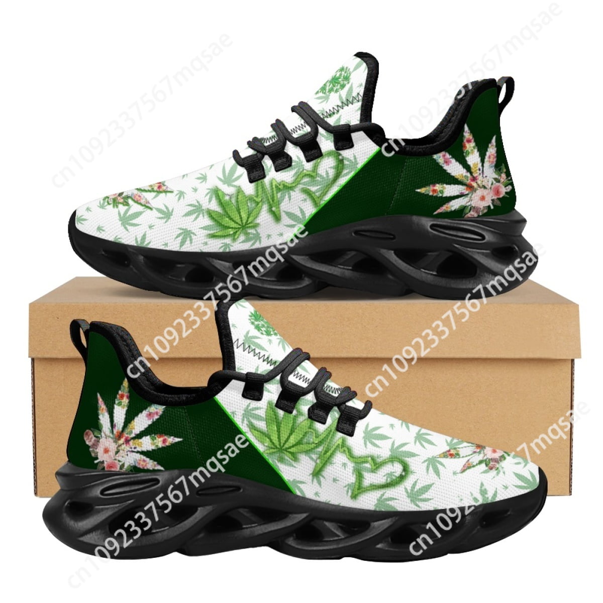 Custom Green Weed Leaves Print Mesh Sneakers Outdoor Lightweight ...