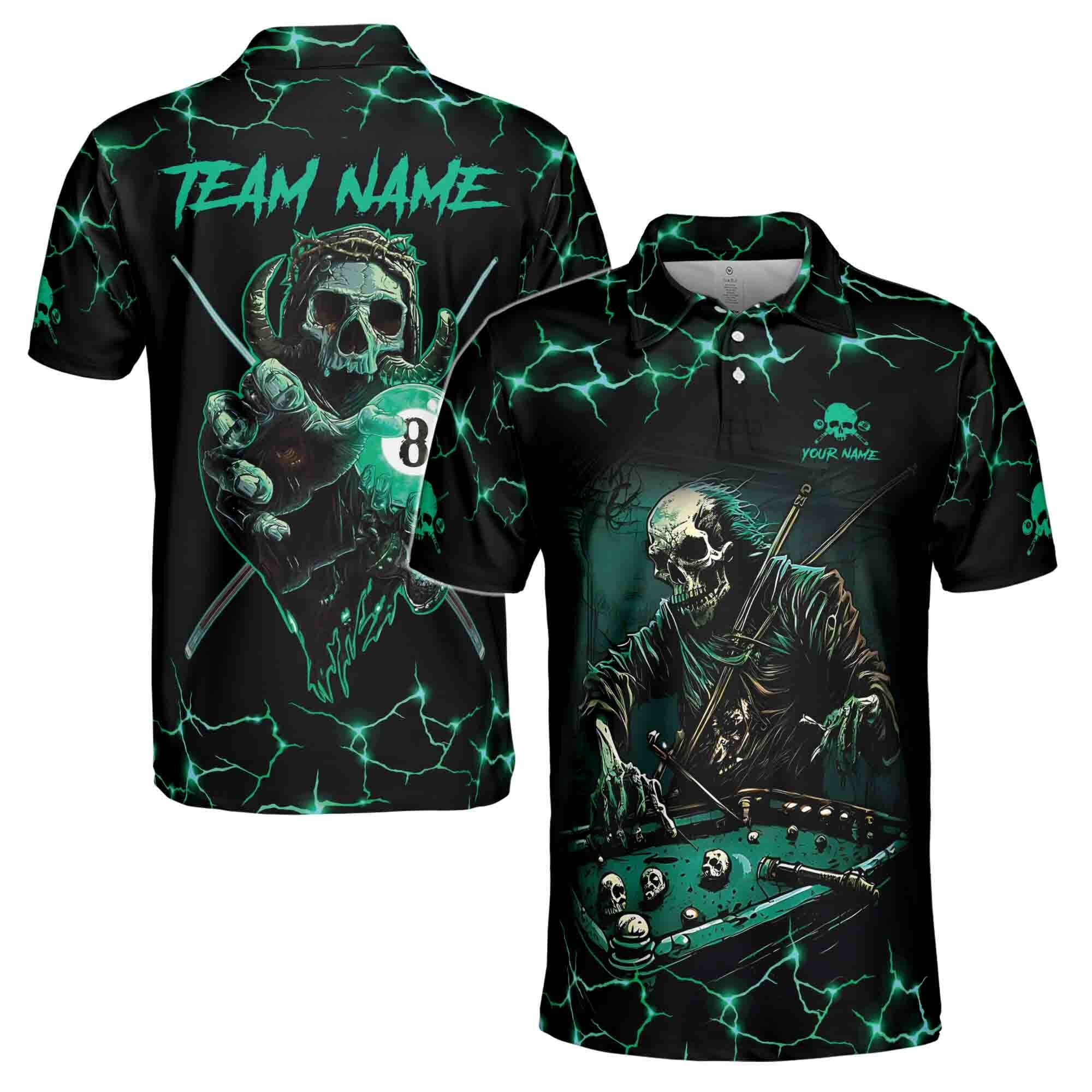 Custom Grunge Skull Billiard Skeleton 8 Balls Pool Men's Polo Shirt S ...