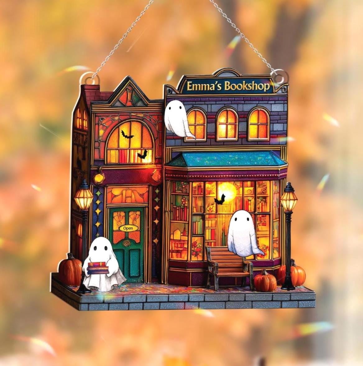 Custom Halloween Bookstore Window Hanging, Ghost Reading Book Window ...