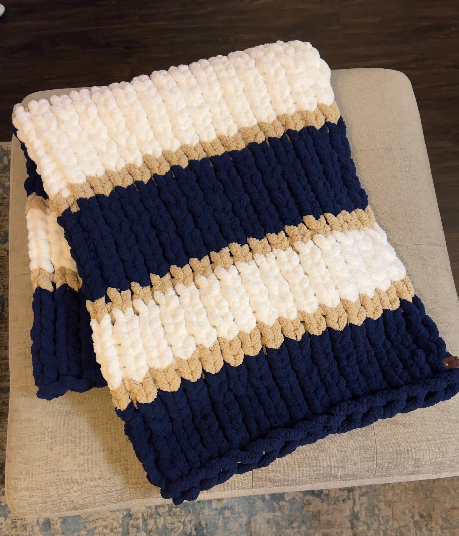 Custom Hand-Knit Chunky Throw Blanket | Navy, White & Beige | Ultra ...