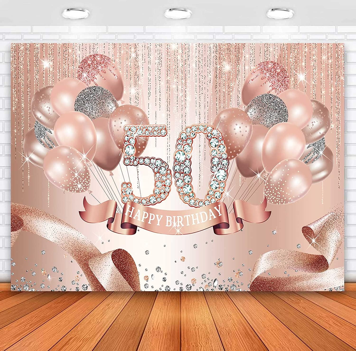Custom Happy 50th Birthday Backdrop Rose Gold Diamonds Fabulous 50th ...