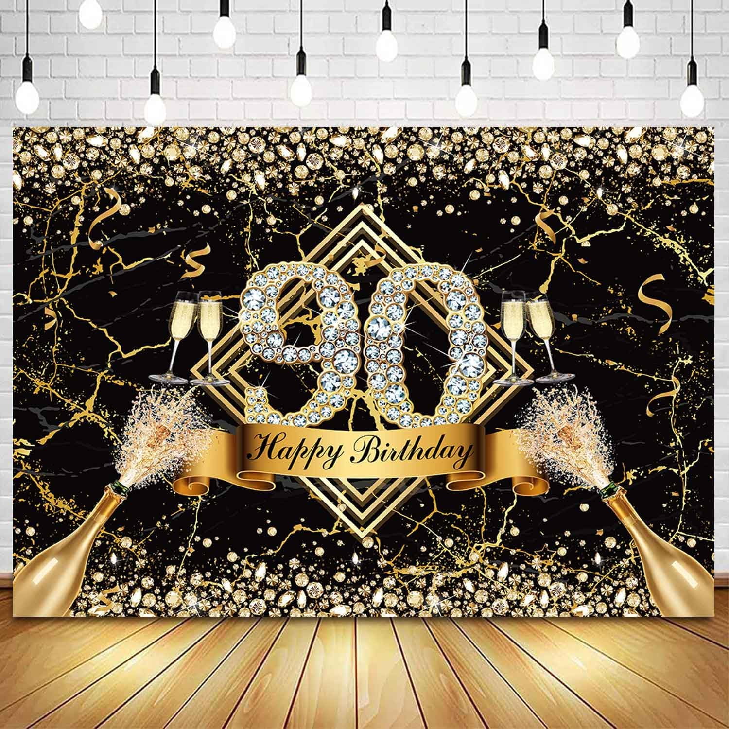 Custom Happy 90th Birthday Backdrop Black Gold Glitter Marble Diamond Photography Background ...