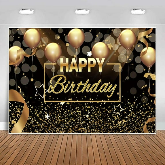 Custom Happy Birthday Party Backdrop Banner Black Gold Balloons Glitter Bokeh Spots Men Women ...