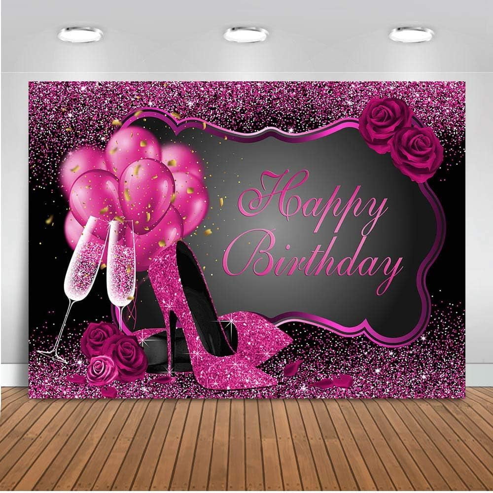 Custom Hot Pink Women Birthday Backdrop Pink High Heels Champagne ...