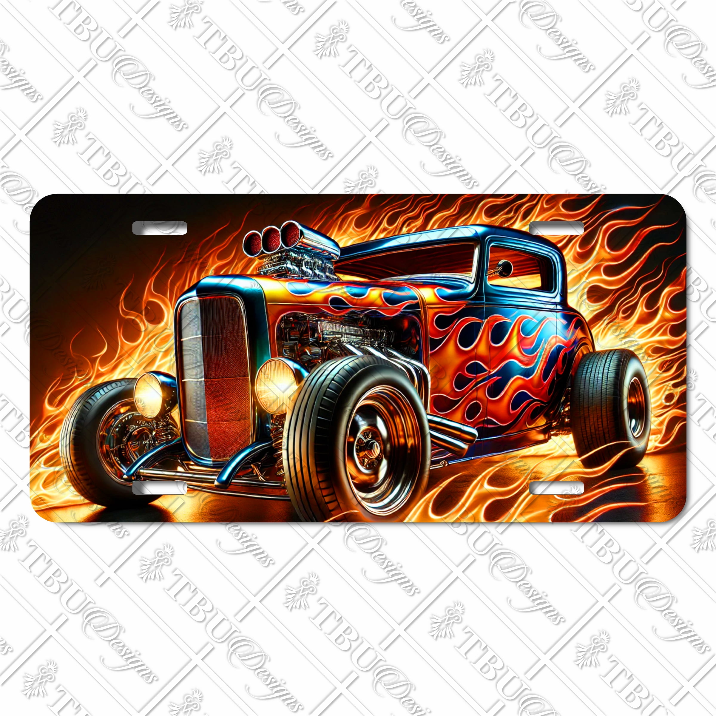 Custom Hot Rod Flames Aluminum License Plate - High Gloss Sublimation ...