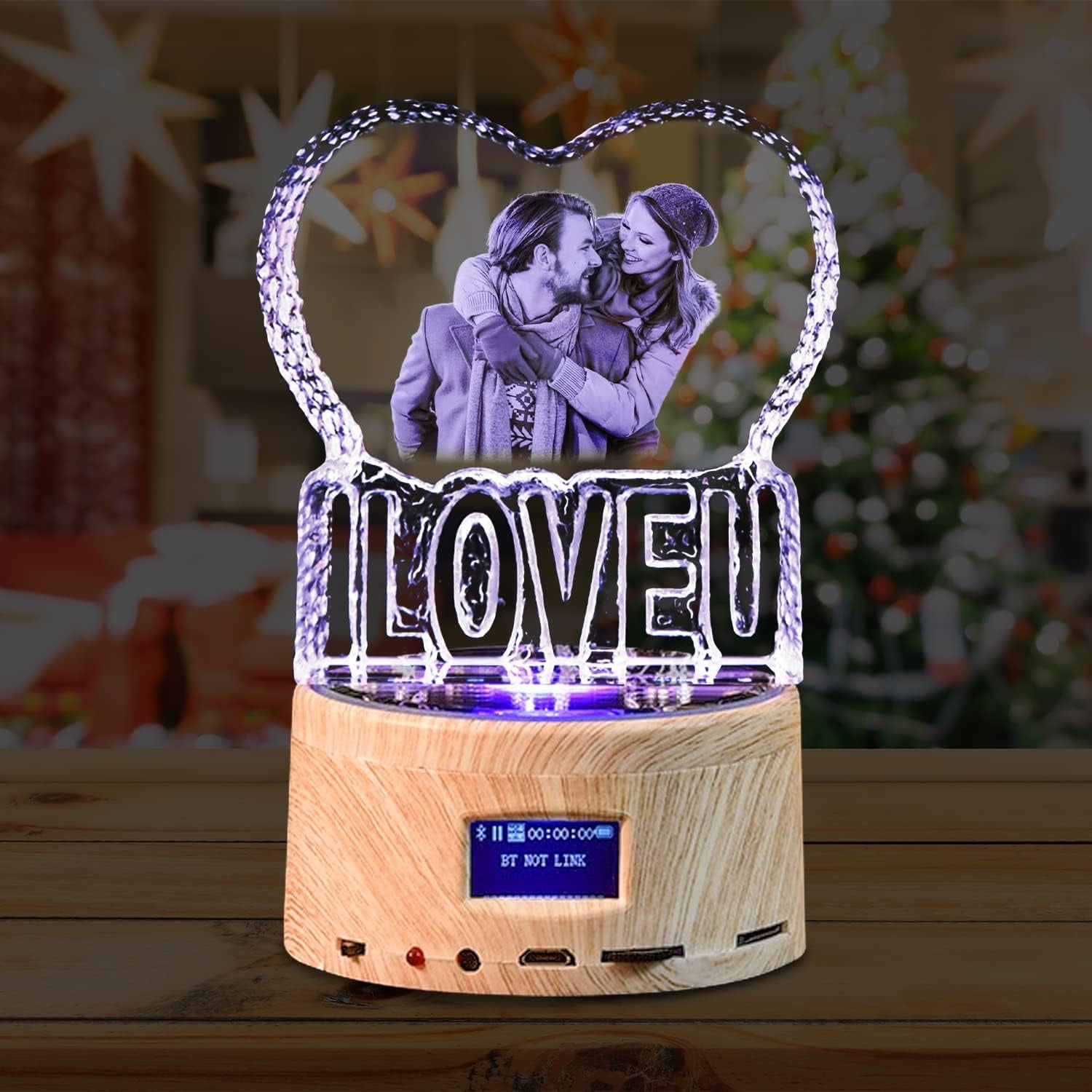 Custom Iloveu Crystal Engraved Picture, 3D Crystal Photo, Bluetooth Rotating Base with Colorful ...