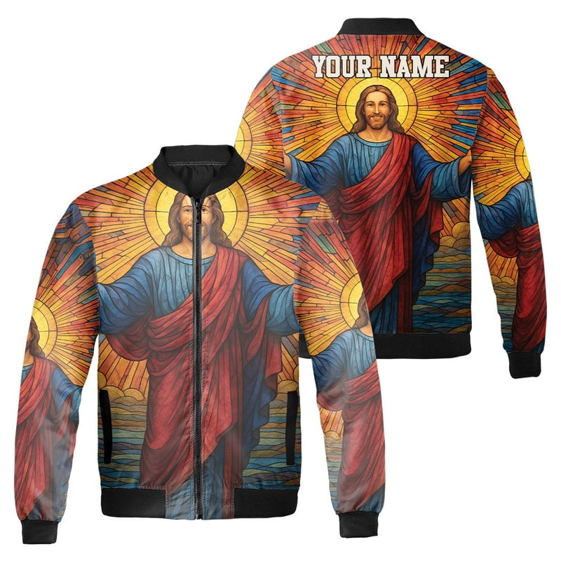 Custom Jesus Christ Bomber Jacket – Religious Christian Stained Glass ...