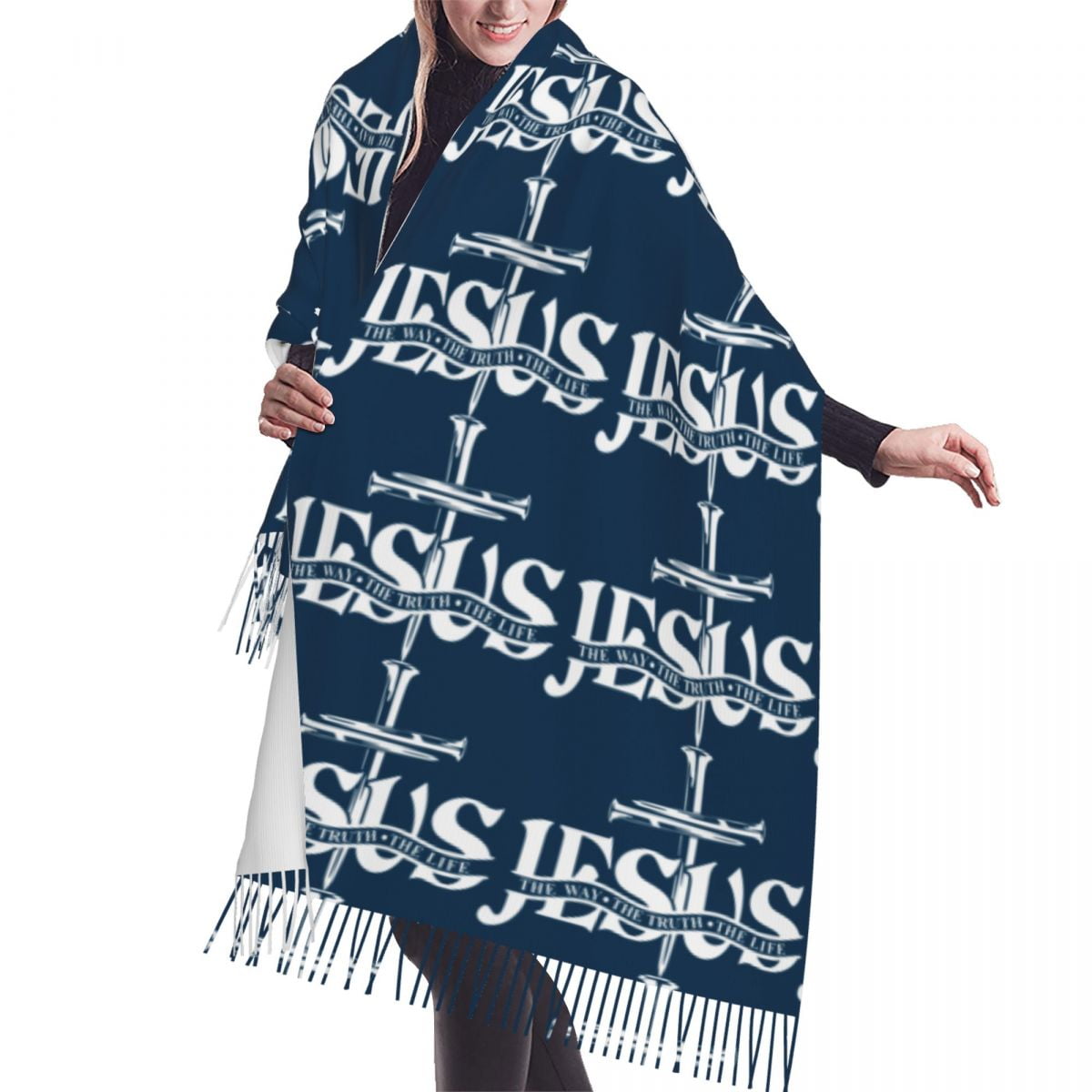 Custom Jesus Christ On The Cross God Tassel Scarf Women Soft Christian ...