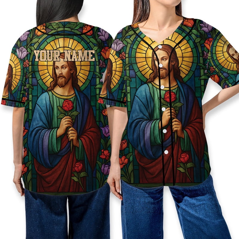 Custom Jesus Holding Rose Baseball Jersey Shirt, Personalized Christian ...