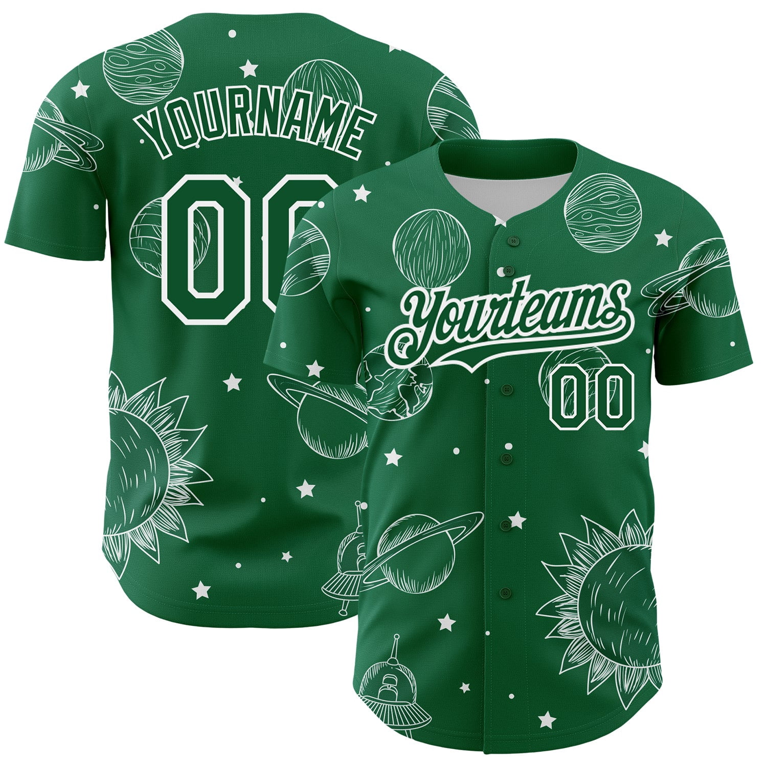 Custom Kelly Green White 3D Pattern Design Planets Authentic Baseball ...