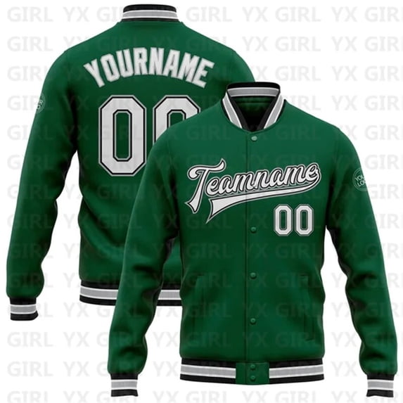 Custom Kelly Green White Black-Gray Bomber Full-Snap Varsity Letterman ...