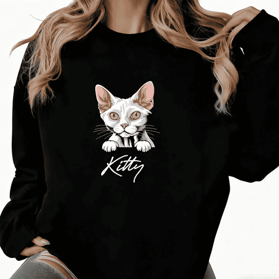 Custom Kitty Tops - Pink Ear Kitten Design Graphic Long Sleeve Crewneck ...