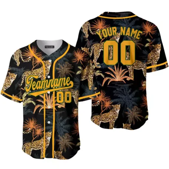 Custom Leopard Tropical Pattern Gold Green Custom Baseball Jerseys For ...