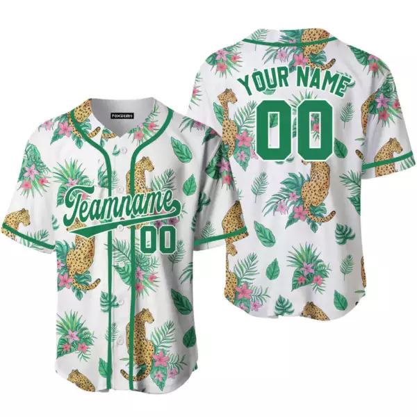 Custom Leopard Tropical Pattern Green White Custom Baseball Jerseys For ...