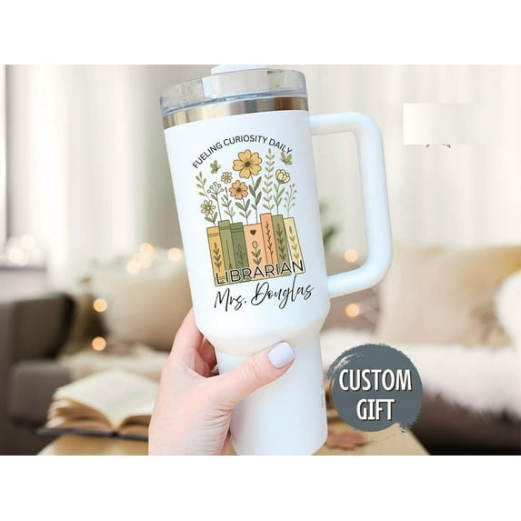 Custom Librarian Tumbler Gift – Floral Book Stack 40oz Cup – Teacher ...