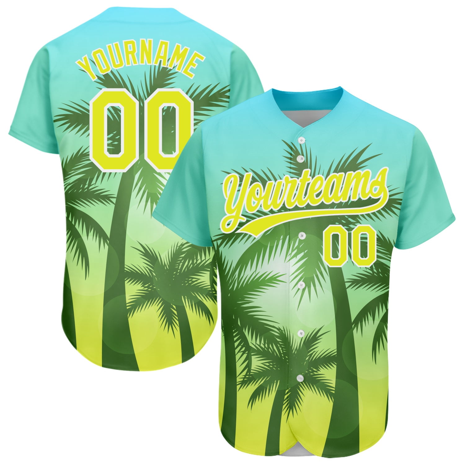 Custom Light Blue Neon Yellow-White 3D Pattern Design Hawaii Palm Trees ...