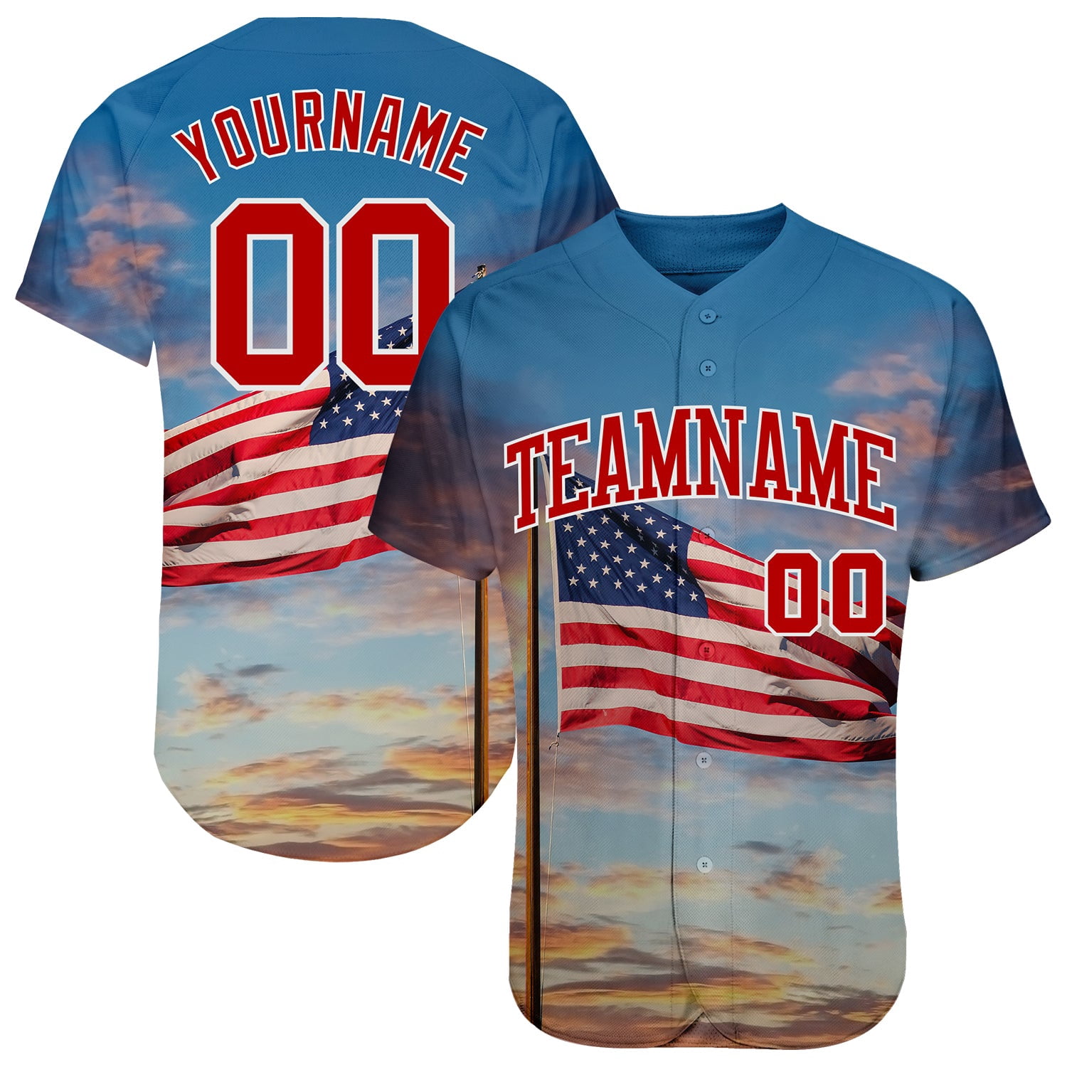 Custom Light Blue Red-White 3D American Flag Fashion Authentic Baseball ...