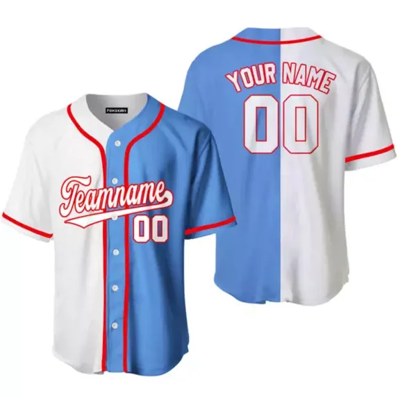 Custom Light Blue Red White Split Fashion Baseball Jerseys For Men ...
